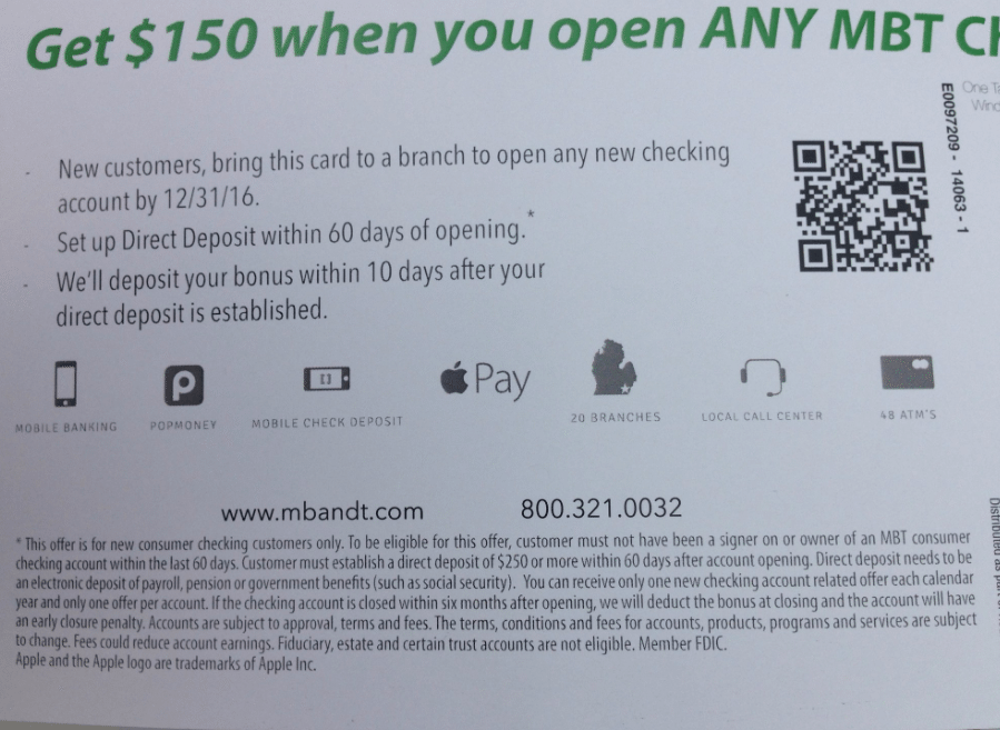 [MI, OH + Targeted] Monroe Bank & Trust (MBT) $150 Checking Bonus ...
