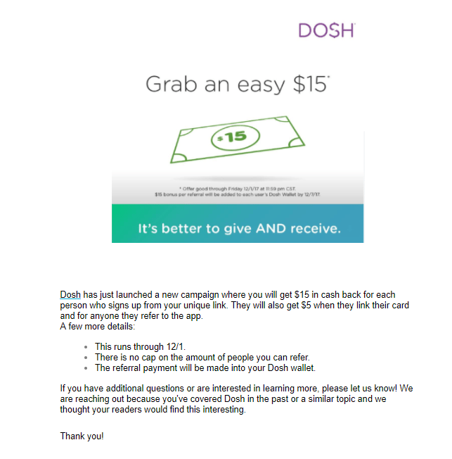 [Expired] Dosh: $15 Referral Bonus + $5 For The New User - Doctor Of Credit