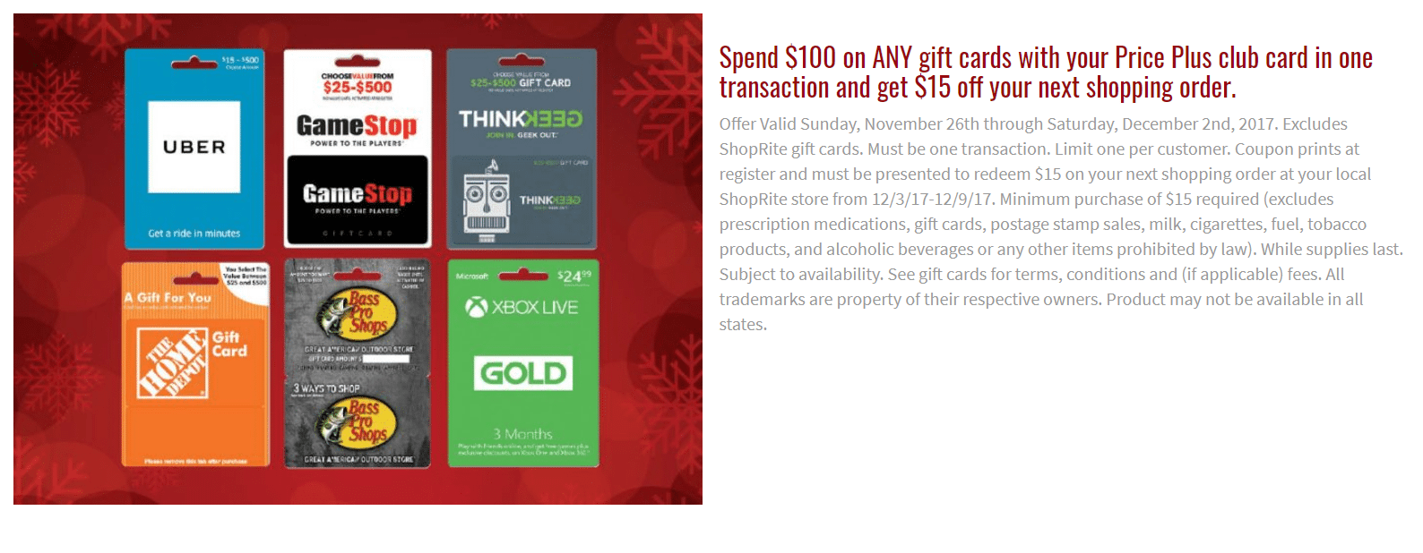 [Expired] Shoprite: Buy ANY $100 Gift Card and Get $15 Shopping Credit ...