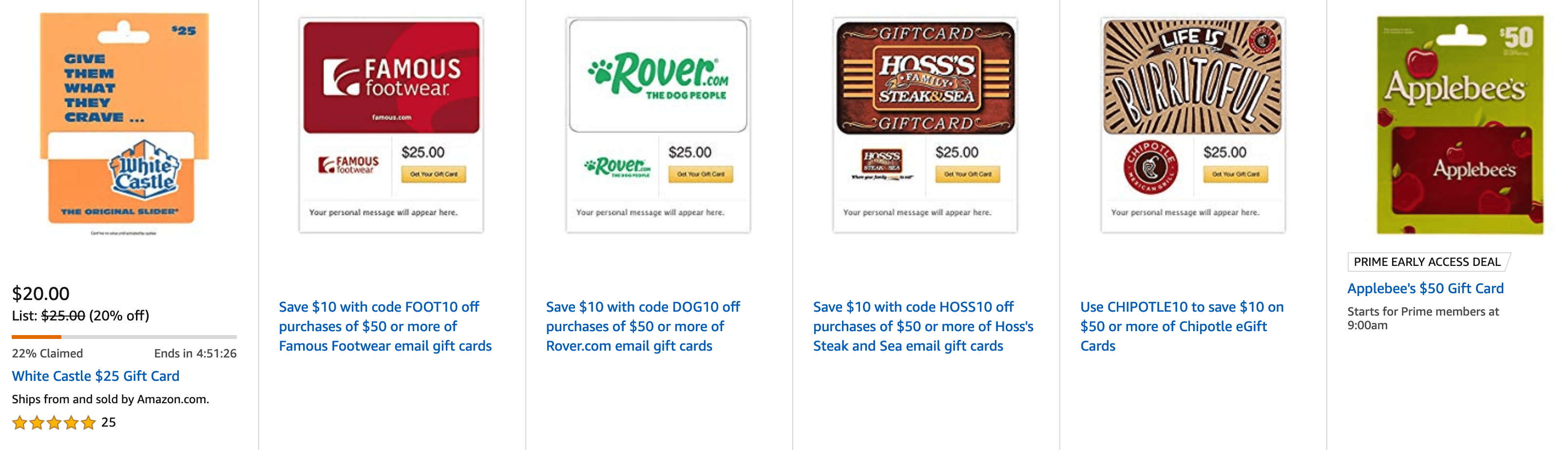 Amazon: Save on Gift Cards for Chipotle, Rover, Hoss's, Famous Footwear ...
