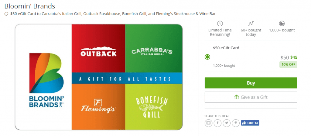 Groupon: $50 Bloomin' Brands Giftcard For $45 (Outback, Carrabba's ...
