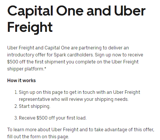 Capital One & Uber Freight: $500 Off First Shipment For Spark ...