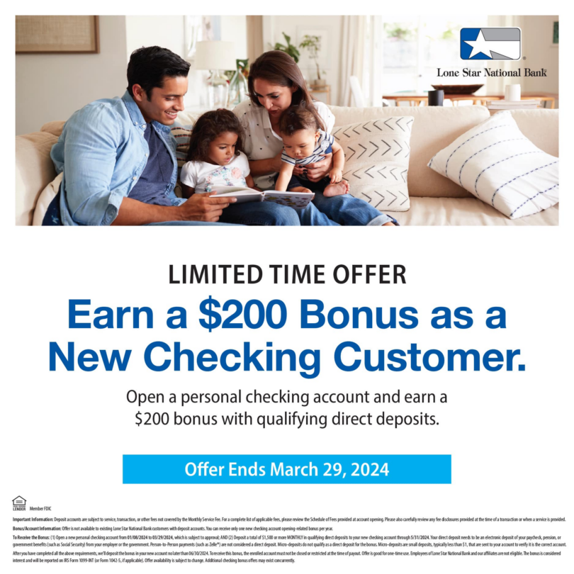 [Expired] [TX, In Branch] Lone Star National Bank $200 Checking Bonus ...