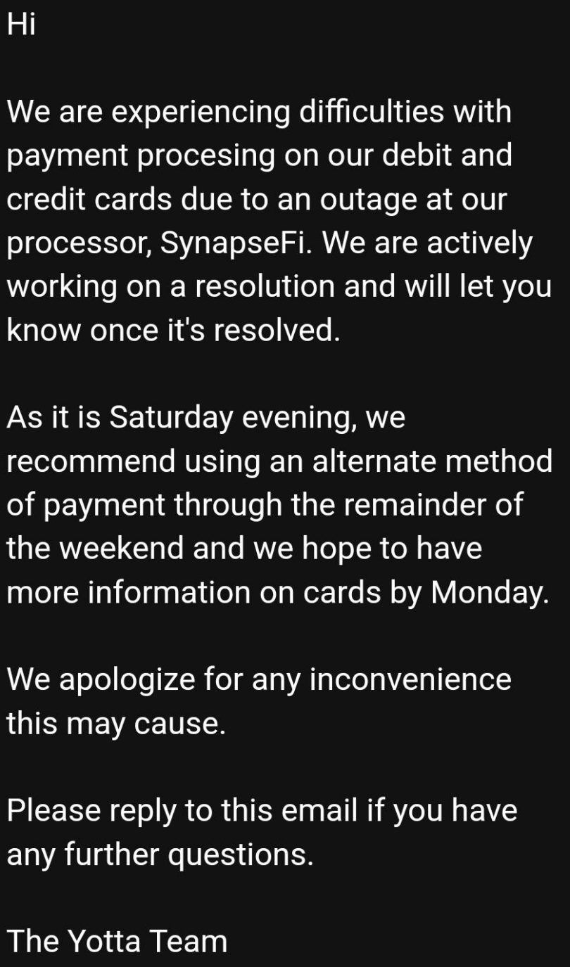 SynapseFi Outage Causing Problems With Yotta, Juno & More - Doctor Of ...