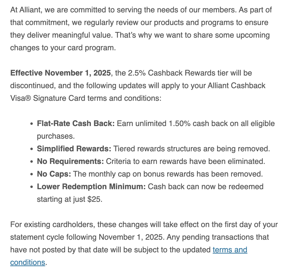 Alliant 2.5% Card Will Become 1.5% On All Purchases (Effective 11/1/25 ...