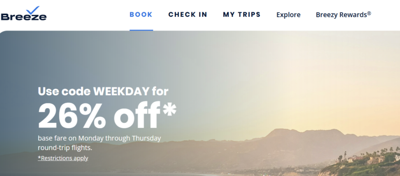 Breeze Airways: 26% Off Base Price With Promo Code WEEKDAY