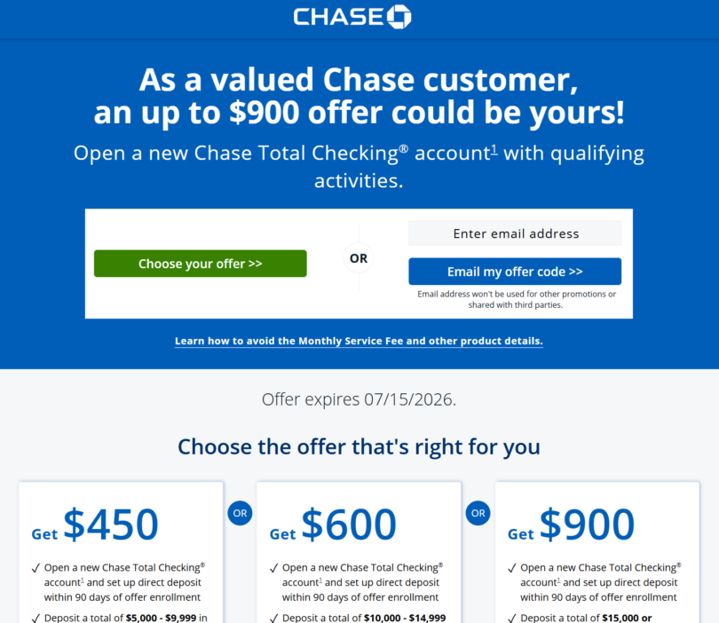 Chase $900 Checking Bonus