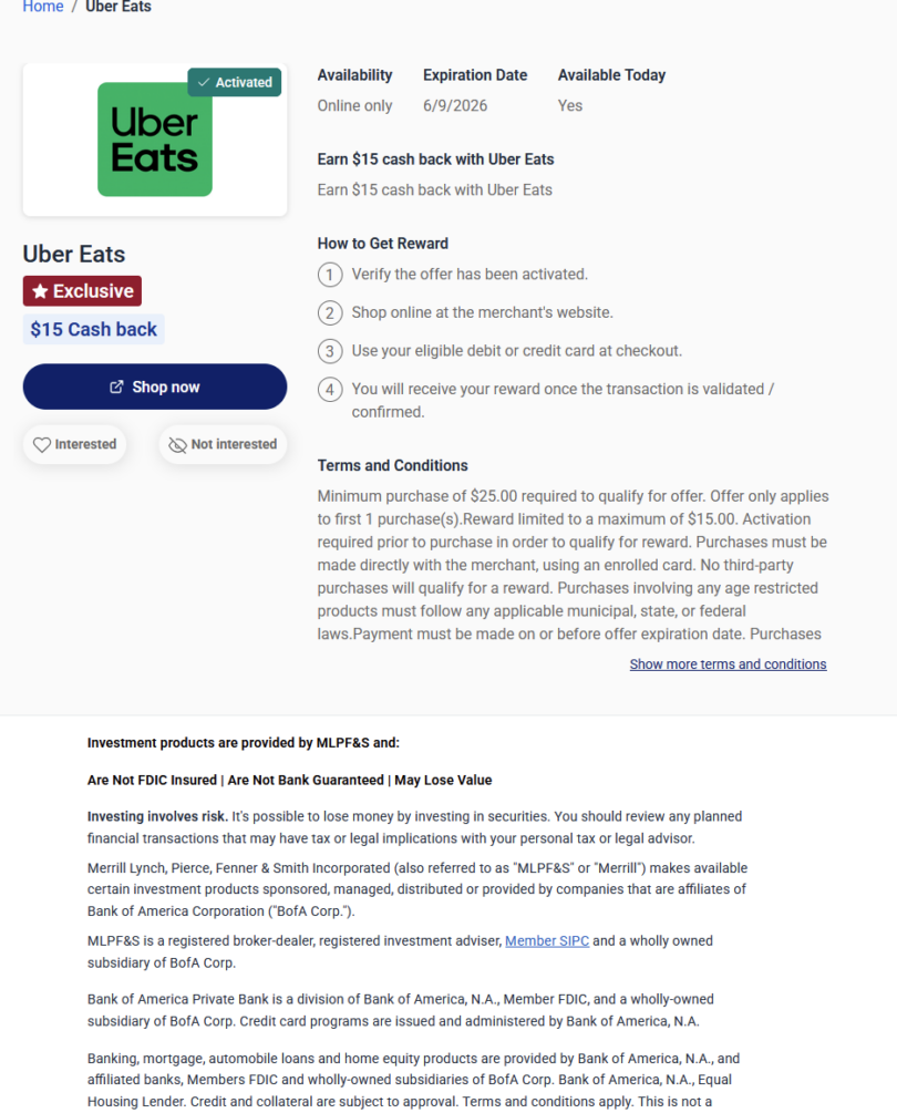 BankAmeriDeals: UberEats, Spend $25+ & Get $15 Back